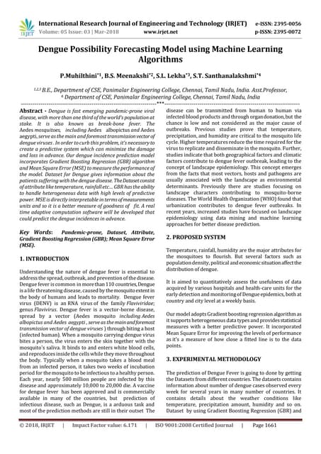 Irjet Dengue Possibility Forecasting Model Using Machine Learning