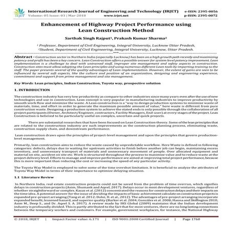Irjet Enhancement Of Highway Project Performance Using Lean