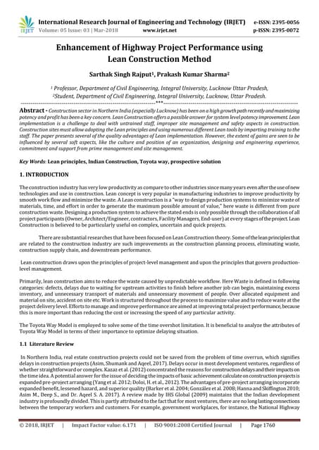 Irjet Enhancement Of Highway Project Performance Using Lean