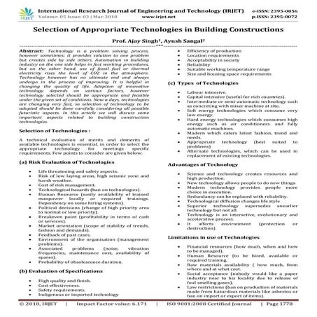 IRJET- Selection of Appropriate Technologies in Building Constructions ...