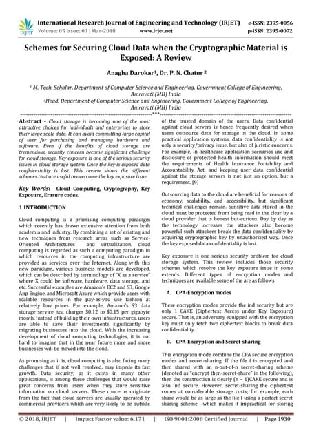 Irjet Schemes For Securing Cloud Data When The Cryptographic Material