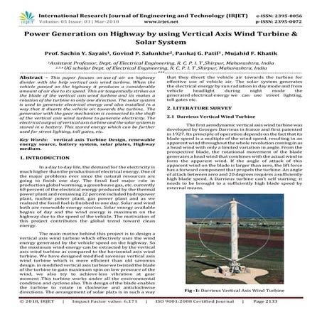 Irjet Power Generation On Highway By Using Vertical Axis Wind Turbine