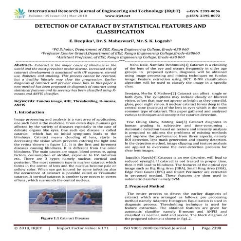 Irjet Detection Of Cataract By Statistical Features And Classification