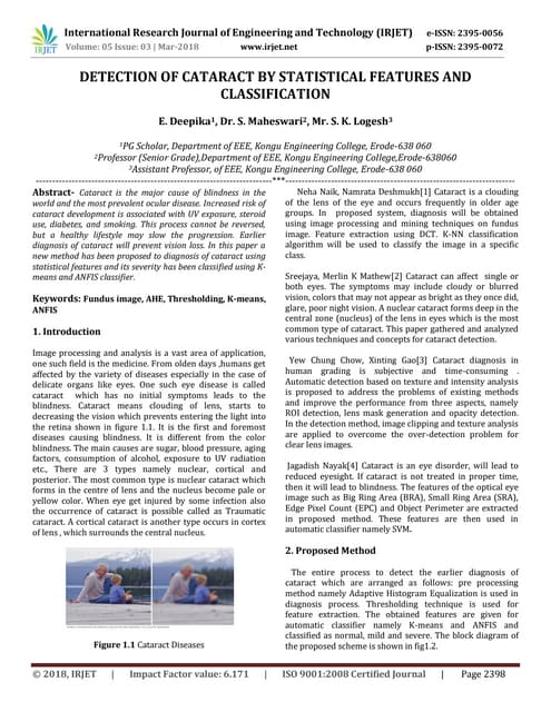 Irjet Detection Of Cataract By Statistical Features And Classification
