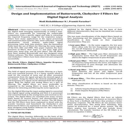 Irjet Design And Implementation Of Butterworth Chebyshev I Filters