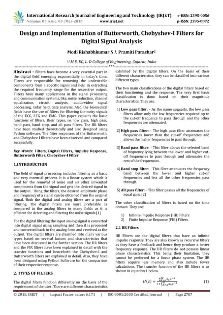 Irjet Design And Implementation Of Butterworth Chebyshev I Filters