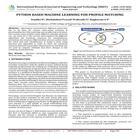 Irjet Python Based Machine Learning For Profile Matching Pdf