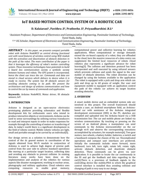 Irjet Iot Based Motion Control System Of A Robotic Car Pdf