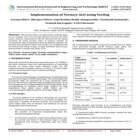 Irjet Implementation Of Ternary Alu Using Verilog Pdf Programming