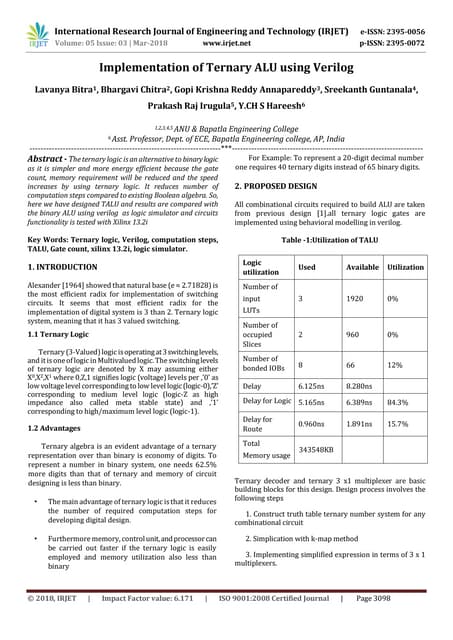 Irjet Implementation Of Ternary Alu Using Verilog Pdf Programming