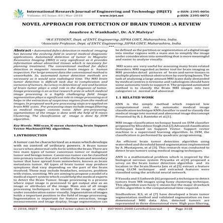 Irjet Novel Approach For Detection Of Brain Tumor A Review Pdf