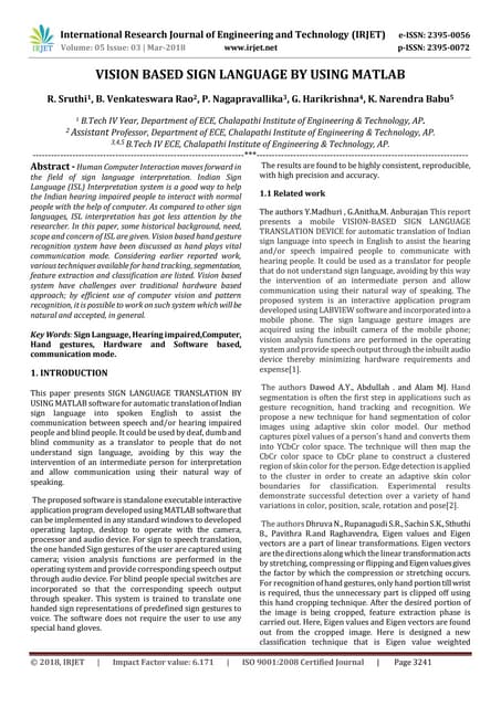Irjet Vision Based Sign Language By Using Matlab Pdf