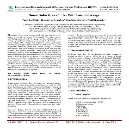 IRJET- Smart Solar Grass Cutter with Lawn Coverage | PDF