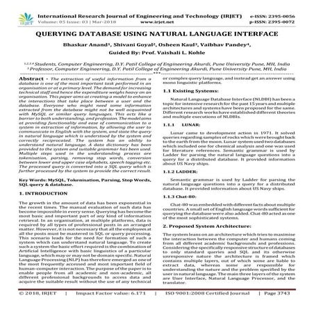 Irjet Querying Database Using Natural Language Interface Pdf Free