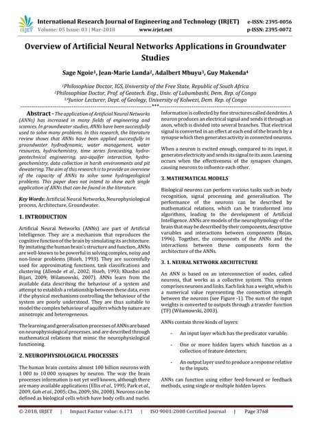 Irjet Overview Of Artificial Neural Networks Applications In