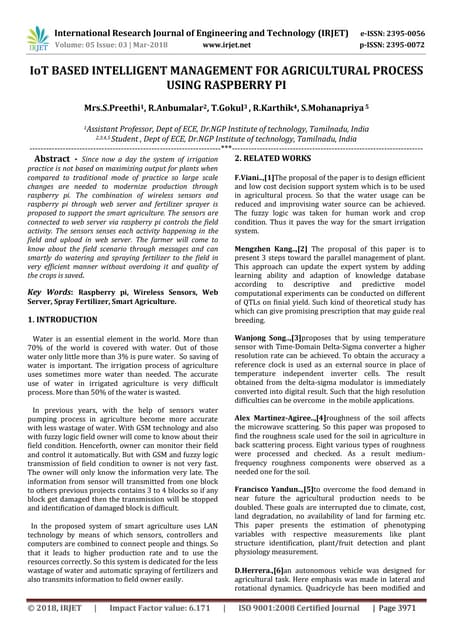 IRJET- Iot Based Intelligent Management for Agricultural Process using ... IRJET- Iot Based Intelligent Management for Agricultural Process using ...