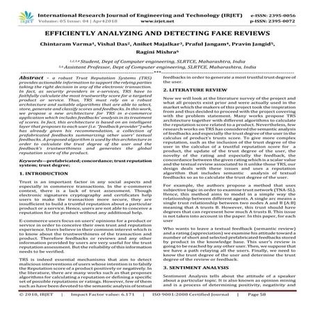 Irjet Efficiently Analyzing And Detecting Fake Reviews Pdf Computer Software And