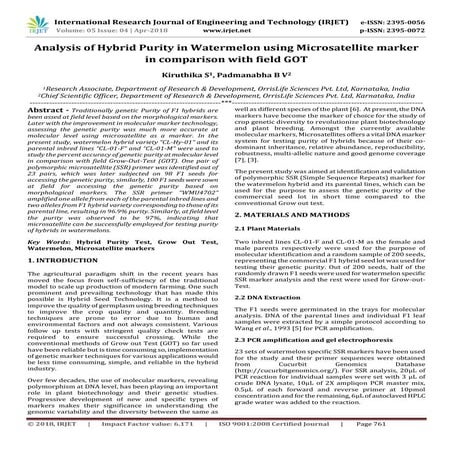 IRJET- Analysis of Hybrid Purity in Watermelon using Microsatellite Marker in Comparison with ...