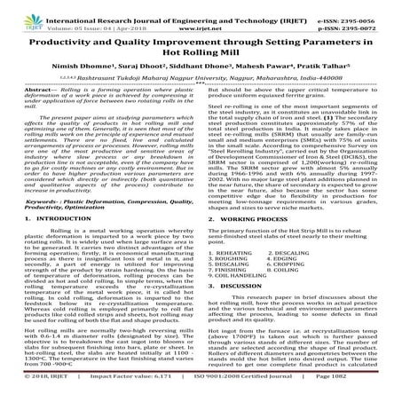 Irjet Productivity And Quality Improvement Through Setting Parameters