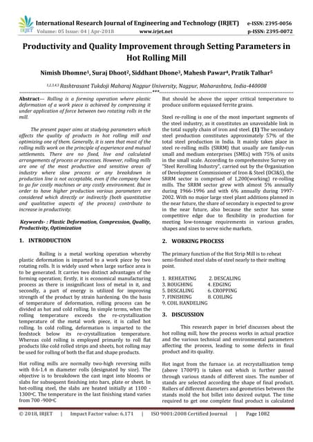 Irjet Productivity And Quality Improvement Through Setting Parameters