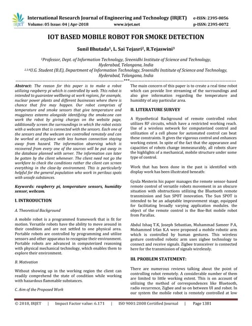 Irjet Iot Based Mobile Robot For Smoke Detection Pdf Web