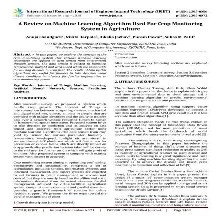 Irjet A Review On Machine Learning Algorithm Used For Crop Monitoring