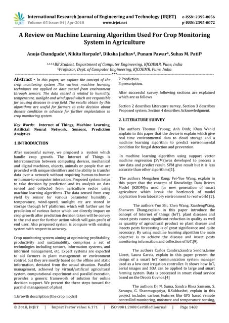 Irjet A Review On Machine Learning Algorithm Used For Crop Monitoring