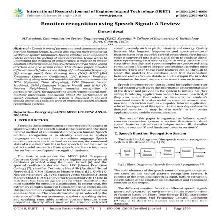 Irjet Emotion Recognition Using Speech Signal A Review Pdf