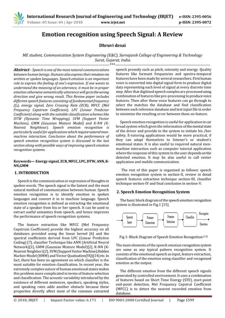 Irjet Emotion Recognition Using Speech Signal A Review Pdf