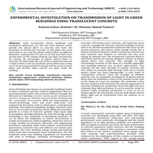 IRJET- Experimental Investigation on Transmission of Light in Green Buildings using Translucent ...