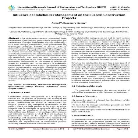 IRJET- Influence of Stakeholder Management on the Success Construction ...