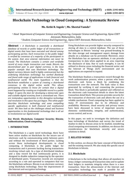 Irjet Blockchain Technology In Cloud Computing A Systematic Review Pdf