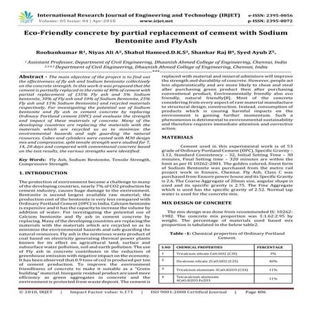 IRJET- Eco-Friendly Concrete by Partial Replacement of Cement with Sodium Bentonite and FlyAsh | PDF