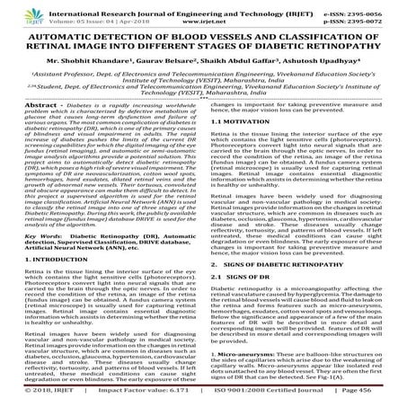 IRJET- Automatic Detection of Blood Vessels and Classification of Retinal Image into Different ...