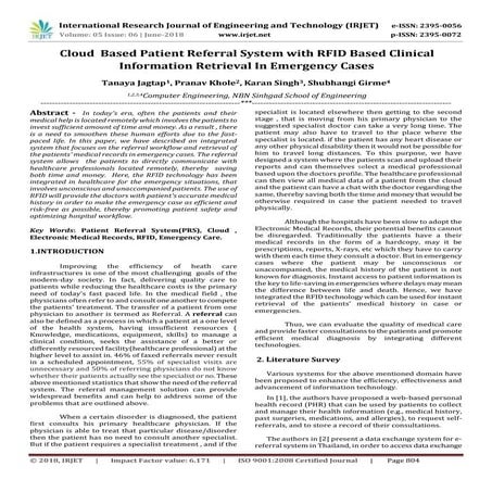 IRJET-Cloud based Patient Referral System with RFID Based Clinical ...