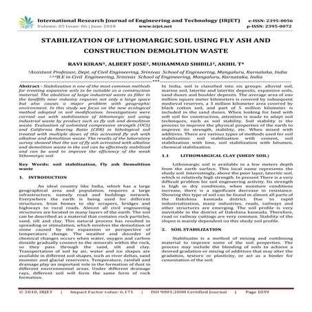 IRJET- Stabilization of Lithomargic Soil using Fly Ash and Construction ...