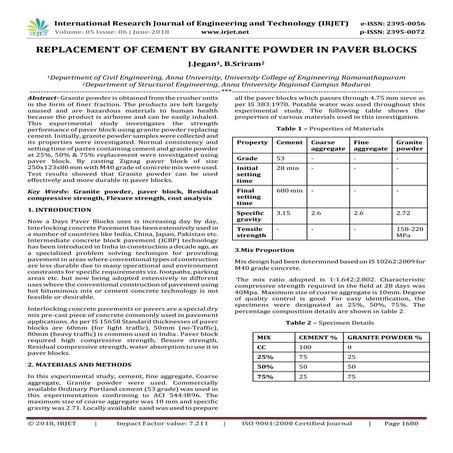 IRJET-Replacement of Cement by Granite Powder in Paver Blocks | PDF