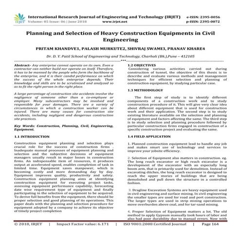 IRJET- Planning and Selection of Heavy Construction Equipments in Civil ...