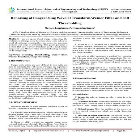 Irjet Denoising Of Images Using Wavelet Transform Weiner Filter And Soft Threshoding Pdf