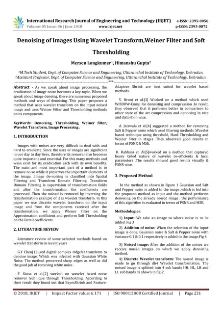 Irjet Denoising Of Images Using Wavelet Transform Weiner Filter And Soft Threshoding Pdf