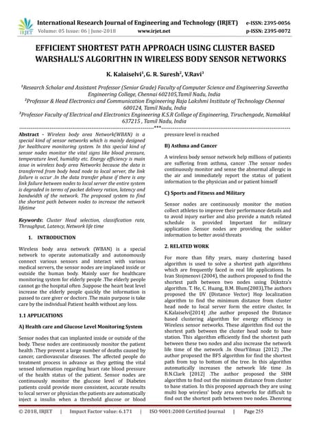 Irjet Efficient Shortest Path Approach Using Cluster Based Warshalls Algorithn In Wireless Body