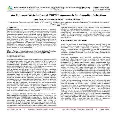 Irjet An Entropy Weight Based Topsis Approach For Supplier Selection Pdf