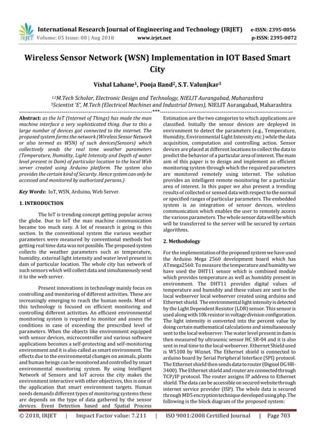 Irjet Wireless Sensor Networkwsn Implementation In Iot Based Smart