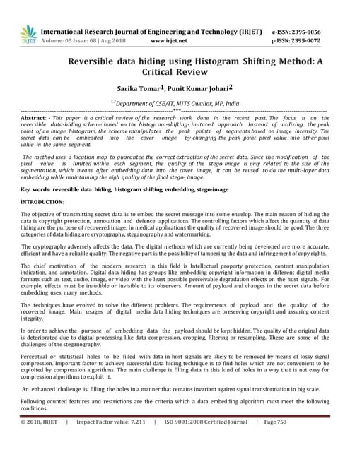 Irjet Reversible Data Hiding Using Histogram Shifting Method A