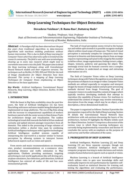 Irjet Deep Learning Techniques For Object Detection Pdf