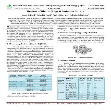 IRJET- Review of Bharat Stage 6 Emission Norms | PDF