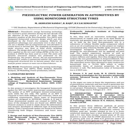 IRJET- Piezoelectric Power Generation in Automotives by using Honeycomb Structure Tyres | PDF