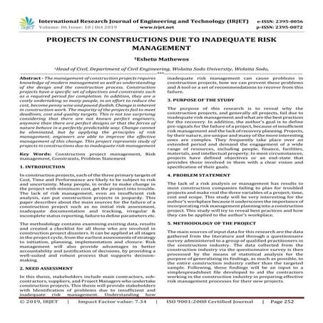 IRJET- Projects in Constructions due to Inadequate Risk Management | PDF