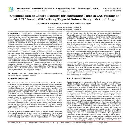 Irjet Optimization Of Control Factors For Machining Time In Cnc