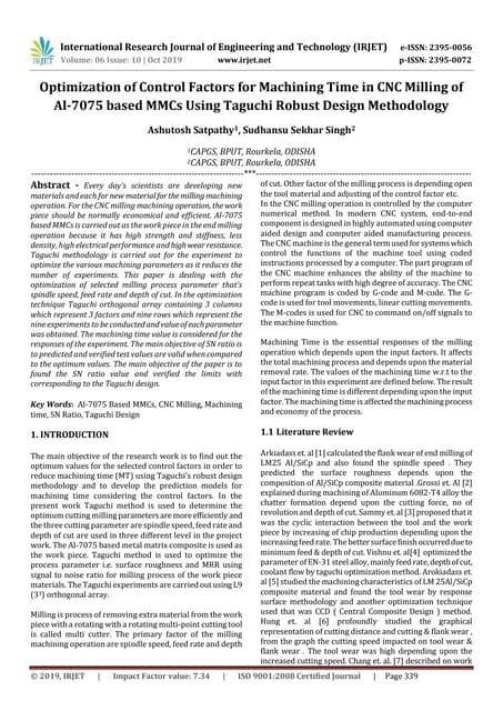 Irjet Optimization Of Control Factors For Machining Time In Cnc